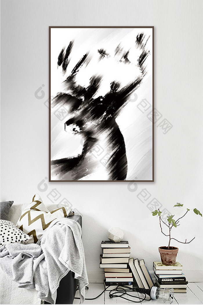 手绘油画抽象麋鹿黑白装饰画 手绘油画抽象麋鹿黑白装饰画效果图 包图网