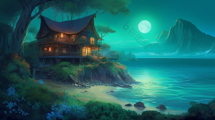 夜晚房屋月色海景插画图片 包图网