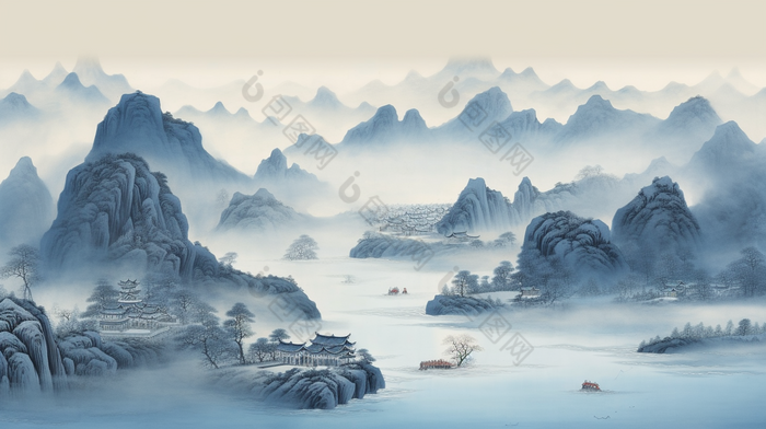 国风工笔山水景观黄金河流插画图片 包图网