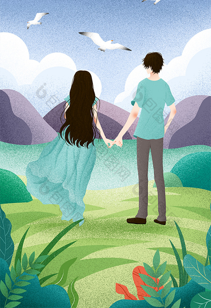 浪漫情侣牵手看风景插画图片-包图网