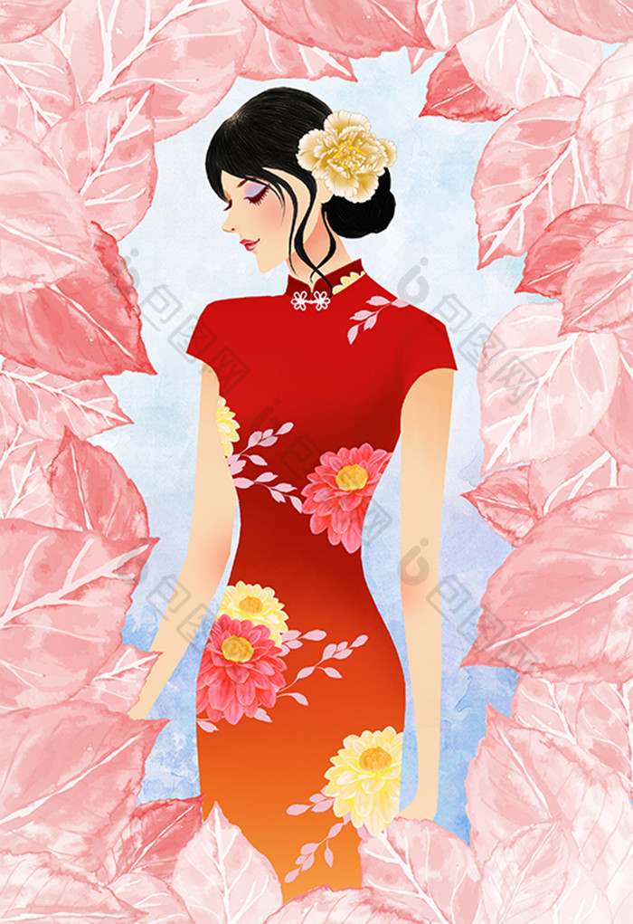旗袍女人插画图片 包图网