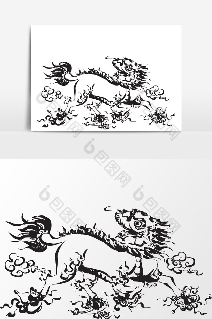 中国神话麒麟毛笔画水墨效果png下载-包图网