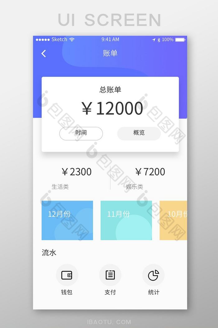 蓝色扁平金融APP账单页面UI界面-包图网