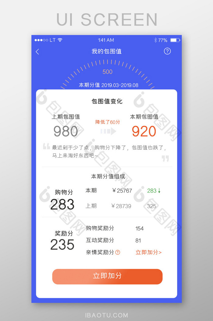 橙色简约风格个人分值显示详情界面-包图网
