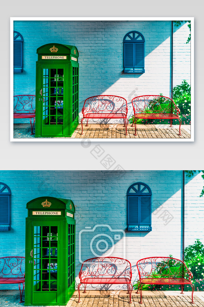 午后阳光英式绿色电话亭椅子图片-包图网