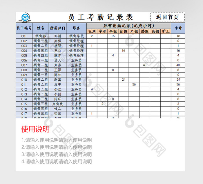 浅蓝商务员工工资考勤汇总表EXCEL模板下载-包图网