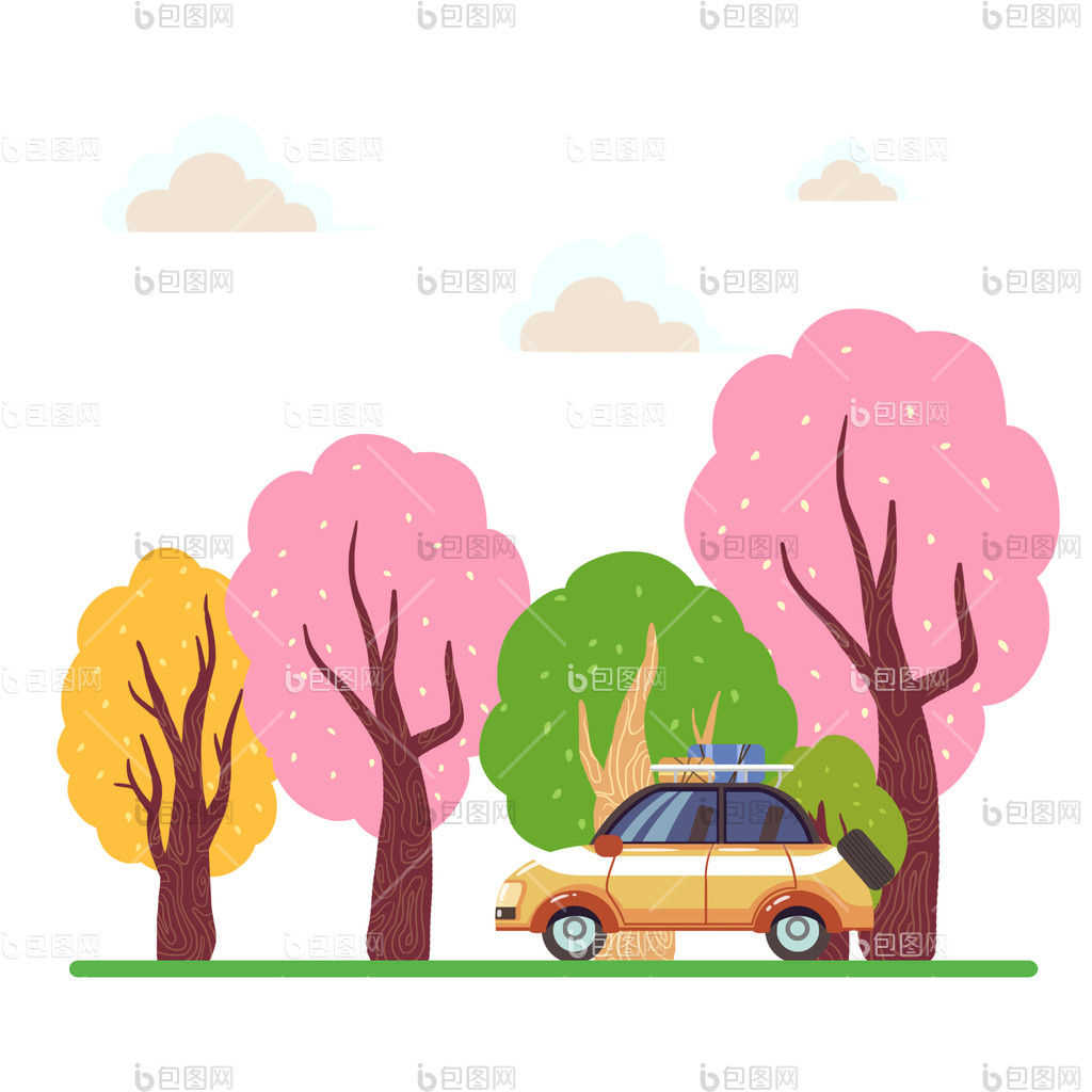 卡通春天树林开车郊游gif动图下载-包图网