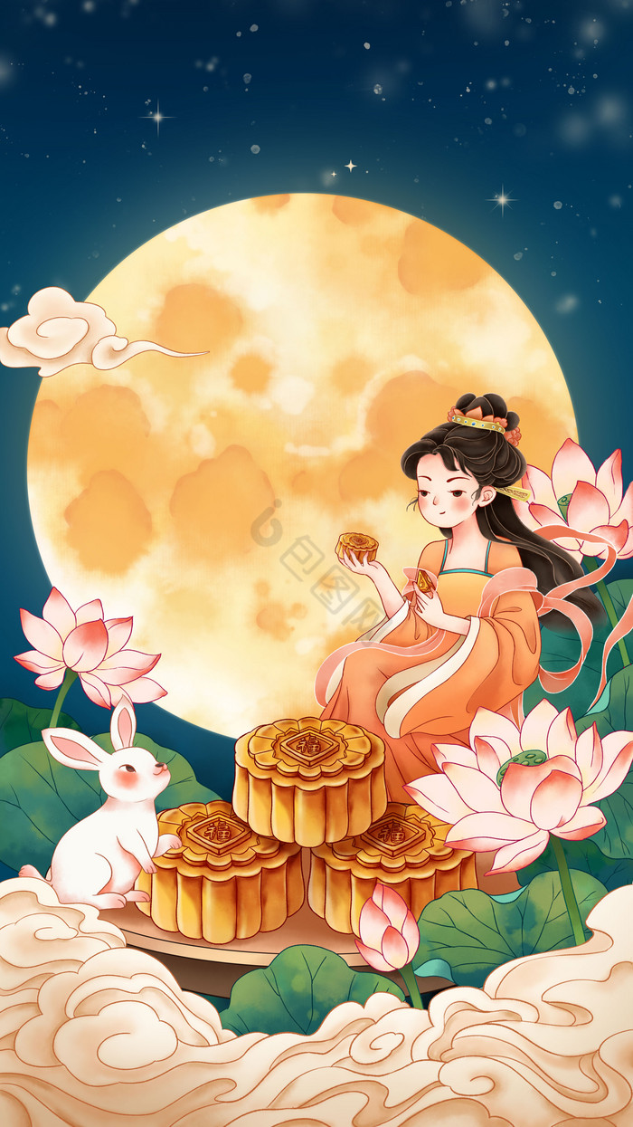国风中秋嫦娥玉兔吃月饼插画图片-包图网