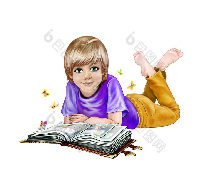孩子蓝眼睛读童话美丽的金发男孩与打开书神图片 包图网企业站