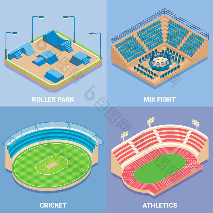 体育场馆矢量平面等距图标集图片-包图网企业站
