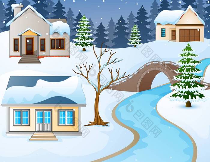 卡通冬季乡村景观的矢量图解以房屋和石桥为图片-包图网企业站