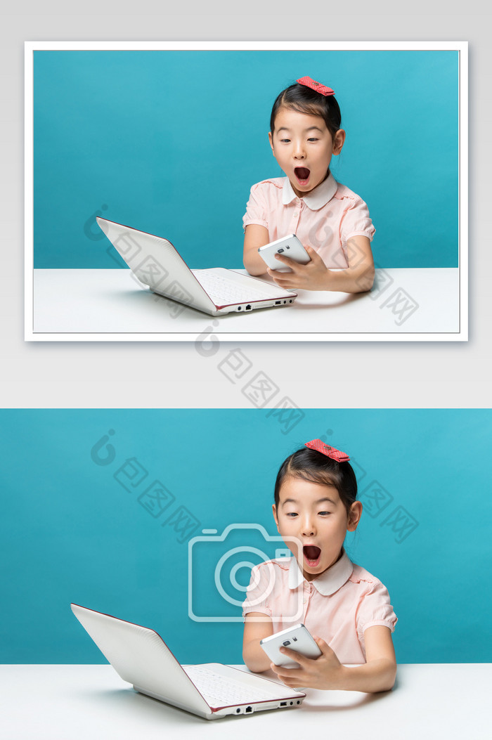 穿粉色衣服夸张表情看手机的小女孩图片-包图网