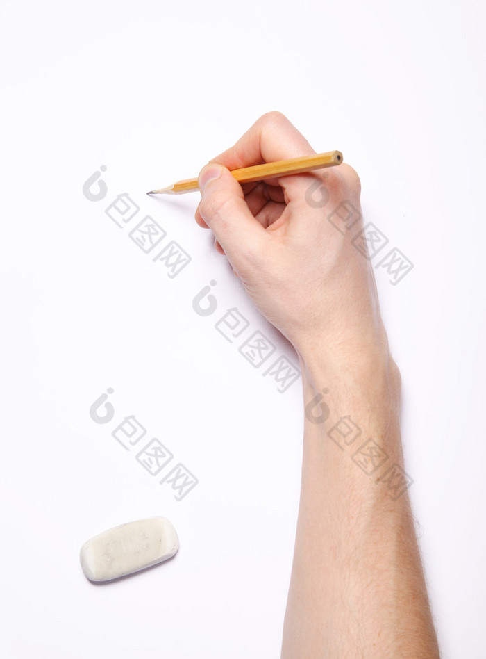 人的手与铅笔和橡皮擦在白色的图像图片-包图网企业站