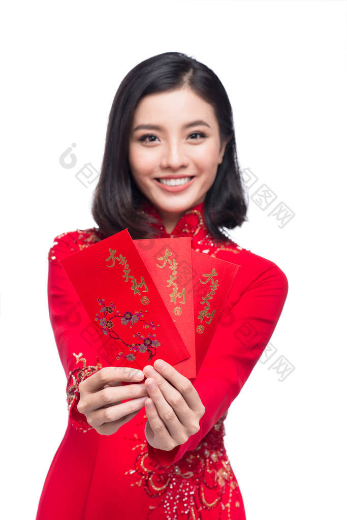 传统节日成本上美丽的亚洲女人的画像 包图企业站