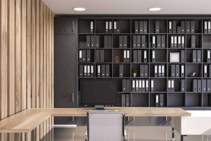 灰色和木制办公室内部书架图片-包图网企业站