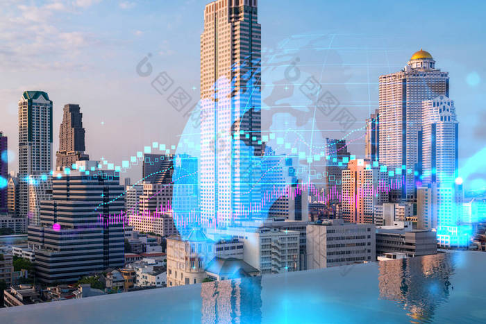 在日落时分在曼谷的空中全景全息图上闪耀着图片-包图网企业站