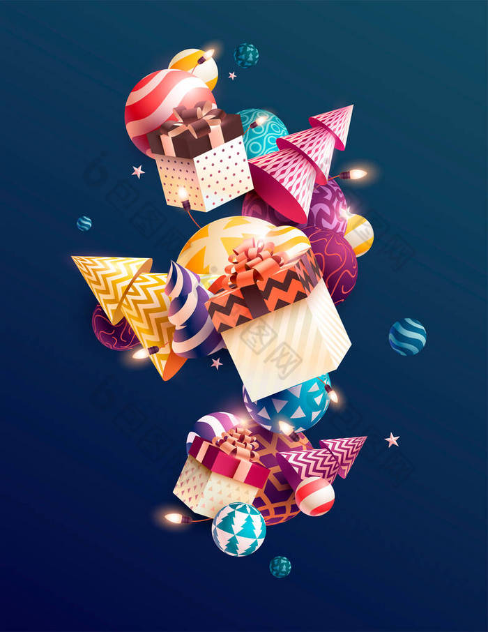 礼品盒圣诞装饰五彩缤纷新年贺卡的设计格式图片-包图网企业站