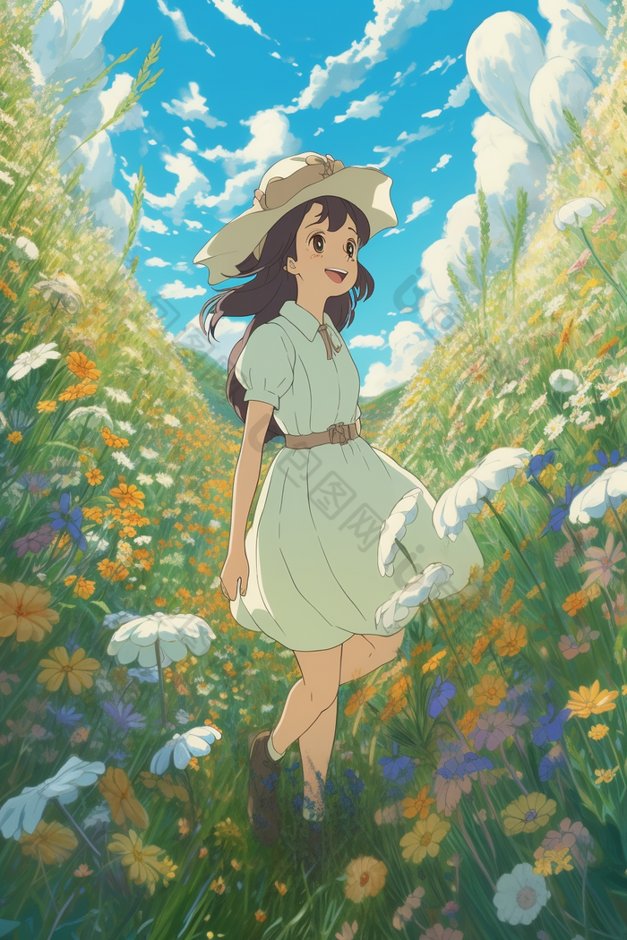 风宫崎骏花海女孩插画图片-包图网
