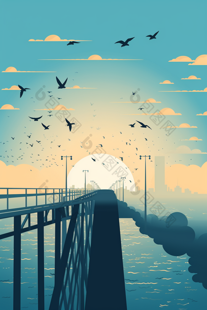 早晨日出大桥数字插画图片-包图网