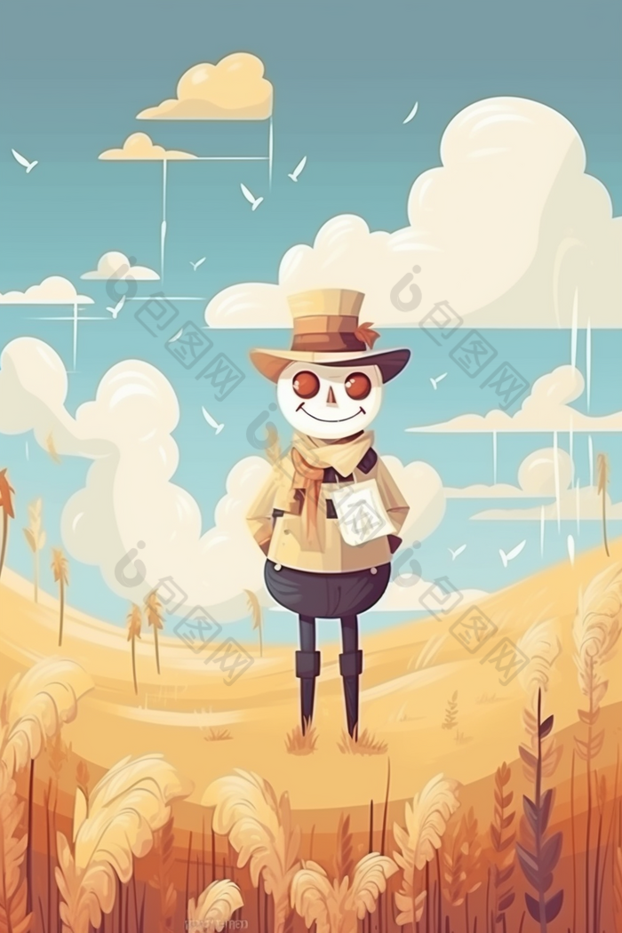 小麦田稻草人夏天插画图片-包图网