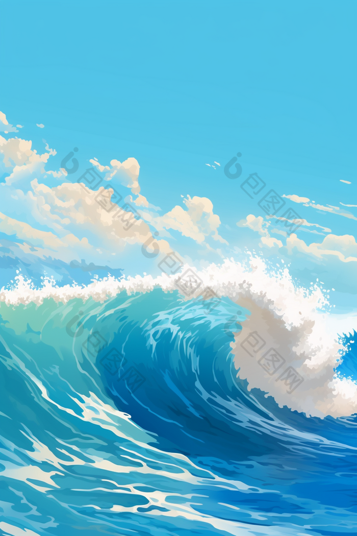 大海海浪壮阔海滩天空插画图片-包图网