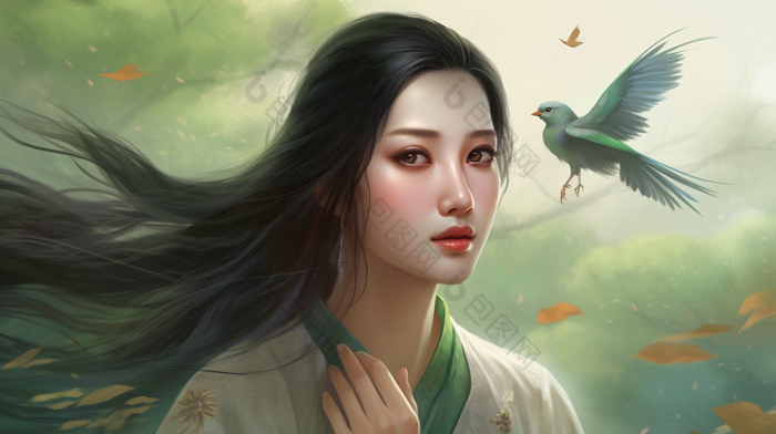 夏日古风美女插画图片-包图网