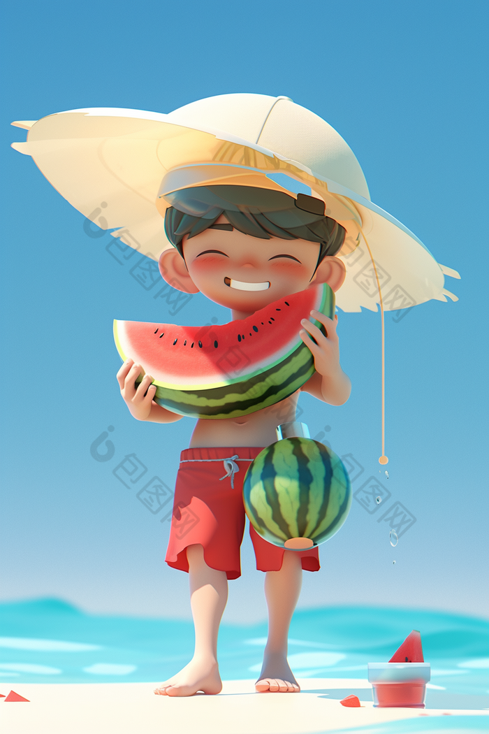 夏日吃瓜图抱着西瓜的小男孩粘土动画行高清图片下载 包图网