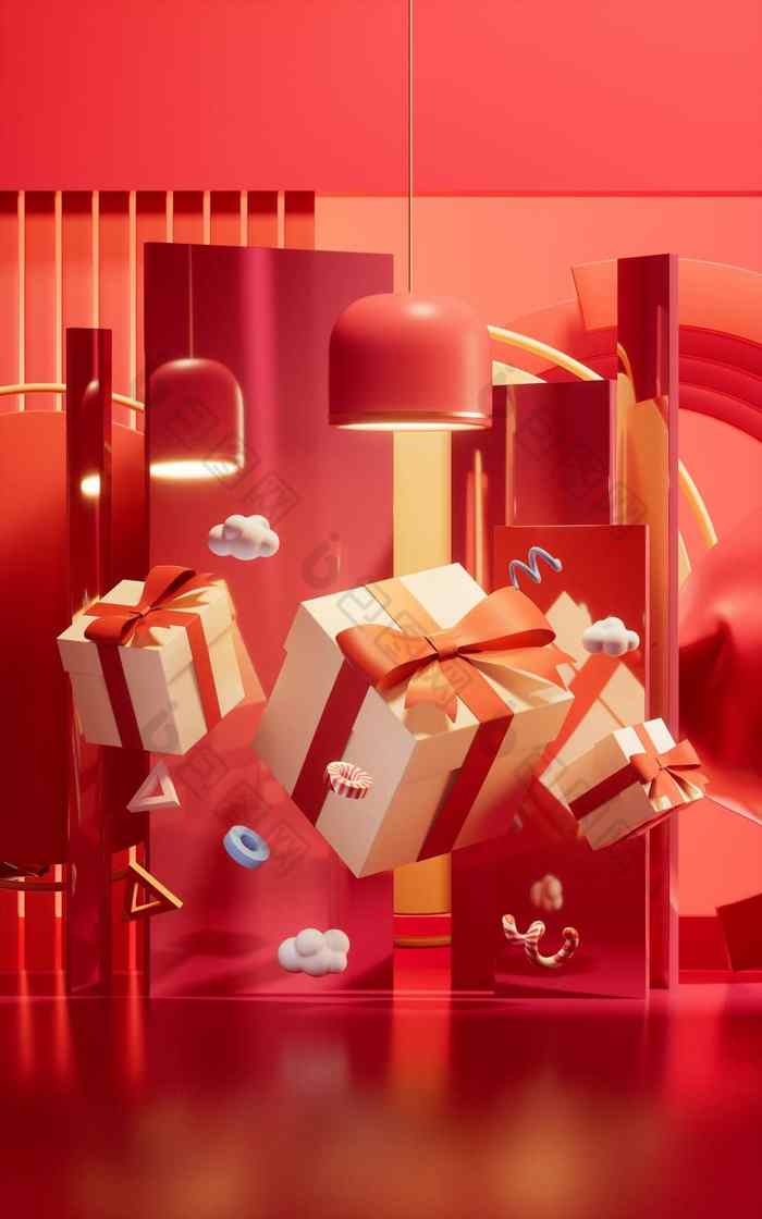 礼物盒子红色的室内场景呈现图片-包图网企业站