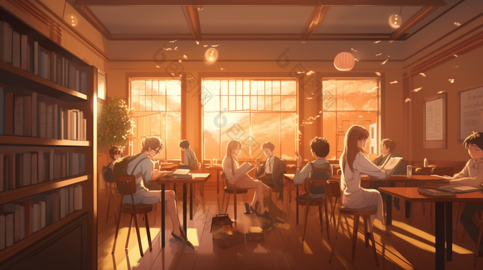 校园图书馆学生自习插画图片 包图网