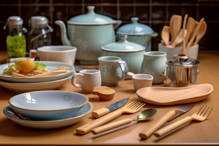 厨房里的陶瓷餐具调羹抹布图片-包图网