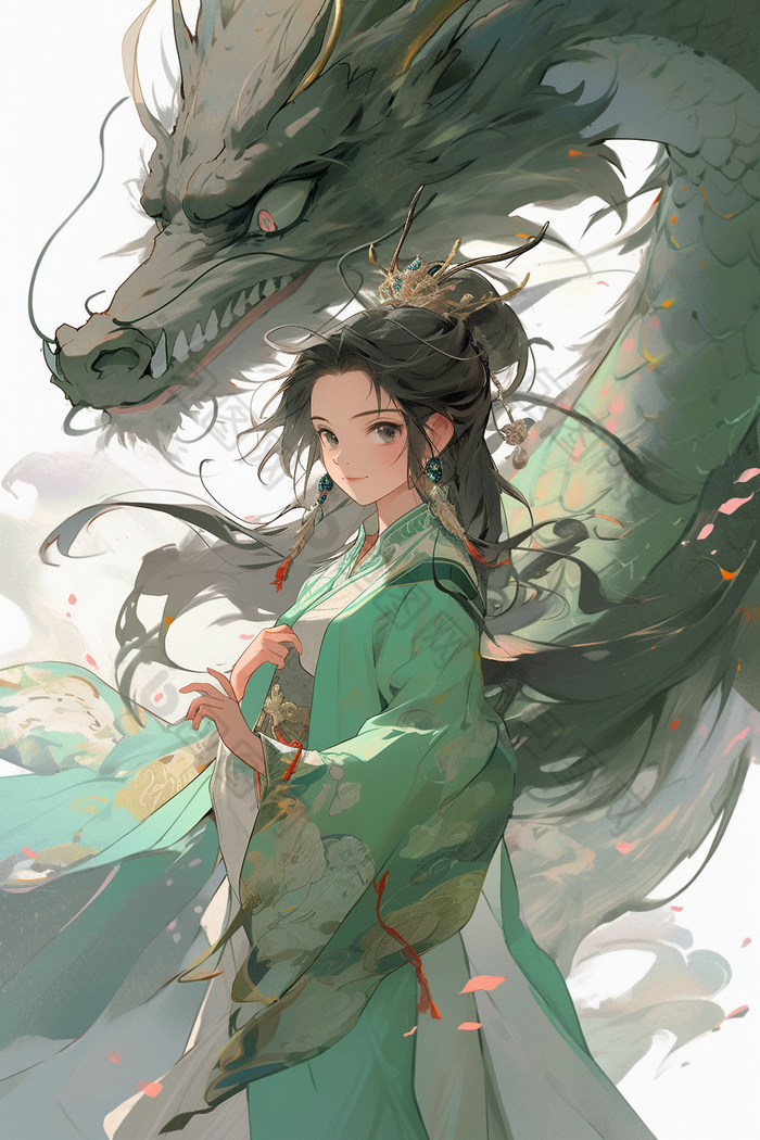 古风中国龙女孩插画png下载 包图网