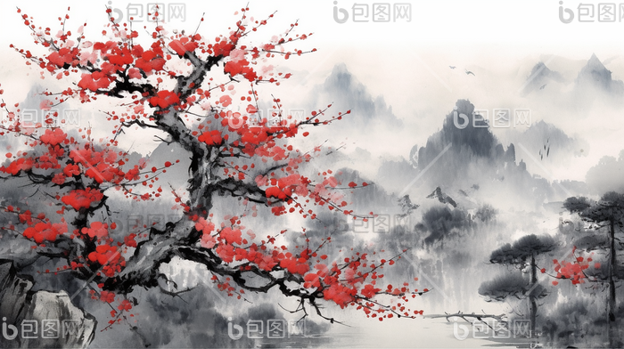 红梅映雪山水画水墨艳丽插画图片-包图网