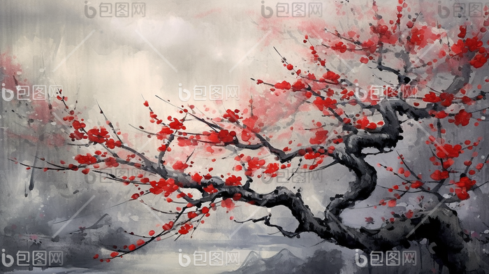 红梅映雪山水画水墨阴暗插画图片-包图网