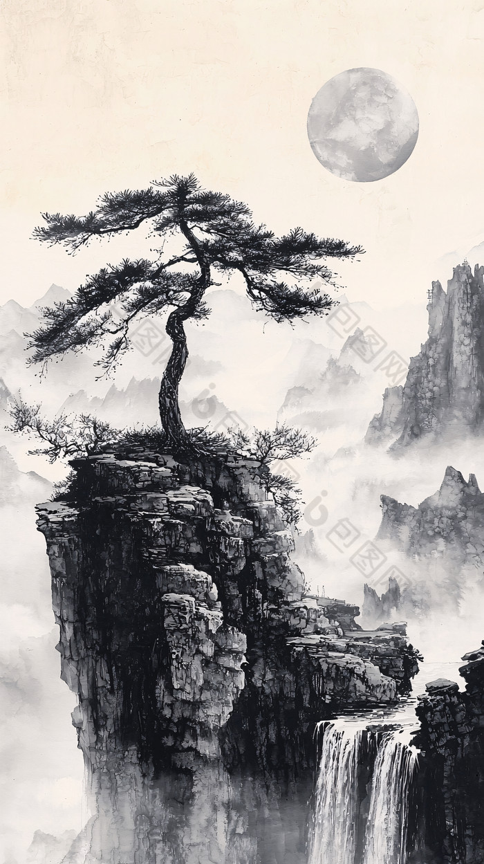 孤松立于山巅瀑布图片-包图网企业站