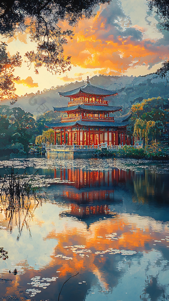 湖中倒影的红楼宁静图片-包图网企业站