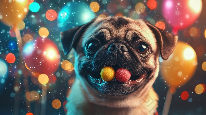 可爱巴哥犬叼着彩色球图片-包图网企业站
