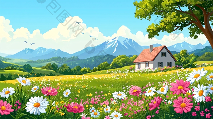 卡通风景油画雏菊图片-包图网企业站