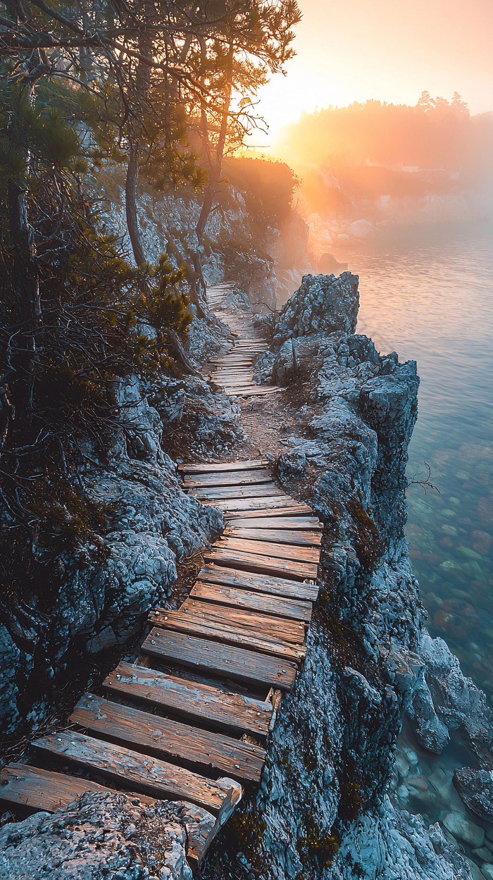 清晨雾气缭绕木栈道图片-包图网企业站