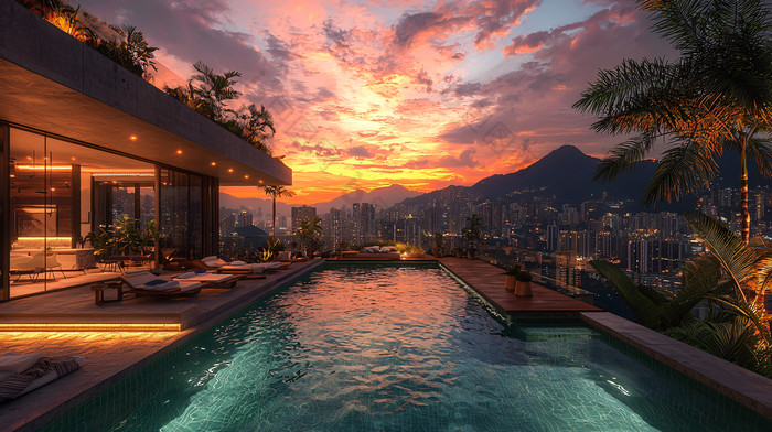 山顶泳池别墅落日晚霞图片-包图网企业站