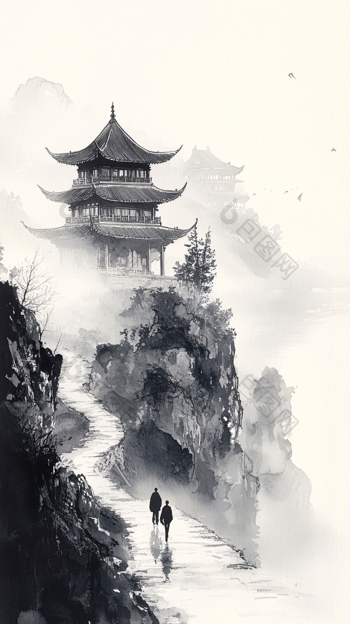 山顶云雾缭绕的宝塔图片-包图网企业站