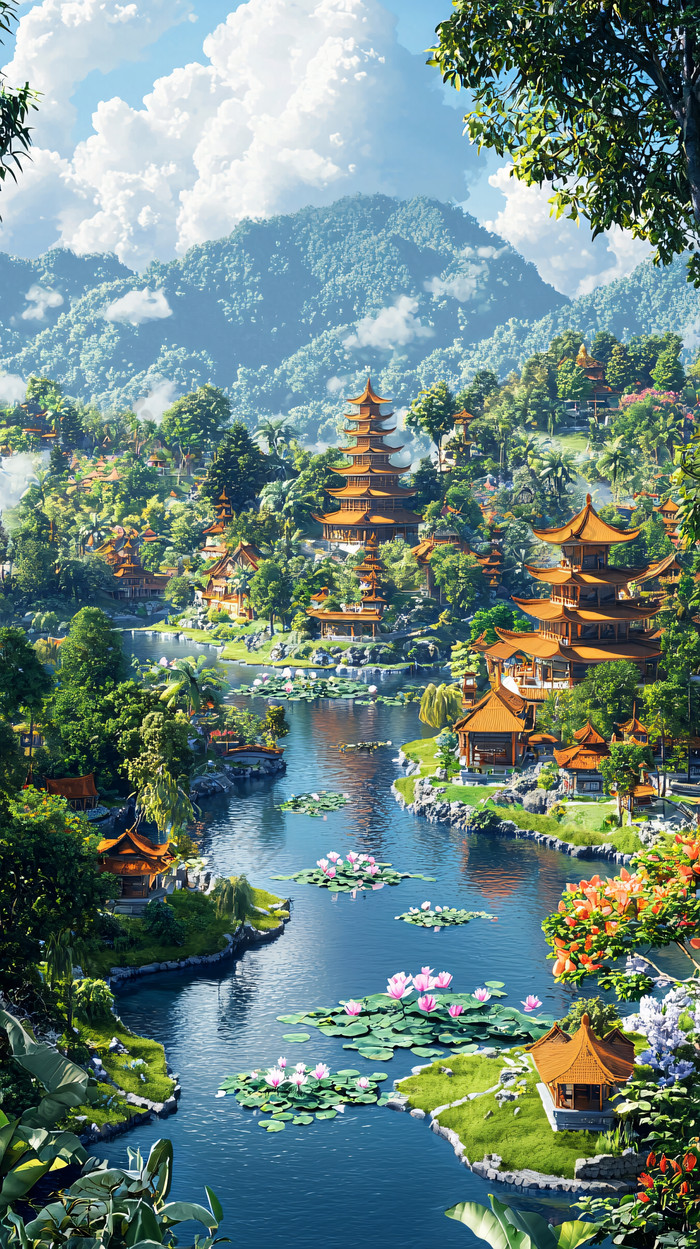 山间古寺水墨画湖泊图片-包图网企业站