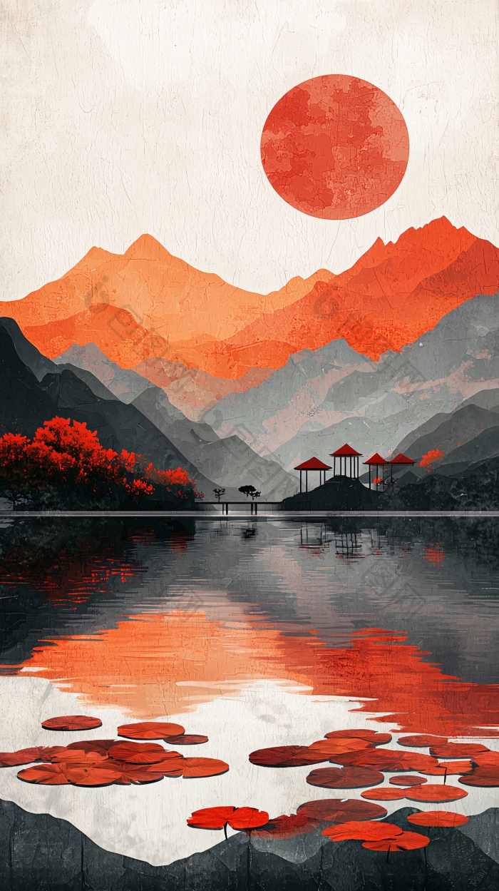 水墨风格山水红日倒影图片-包图网企业站