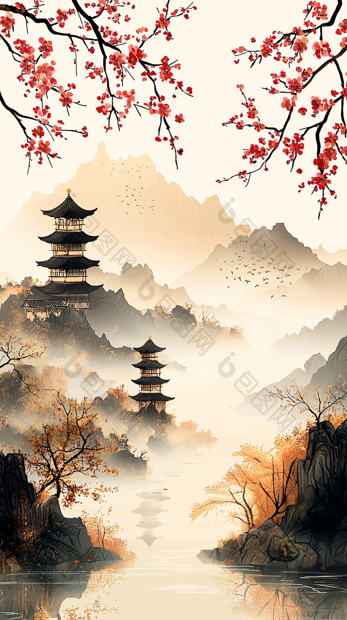 水墨风山水间的宝塔红梅图片-包图网企业站