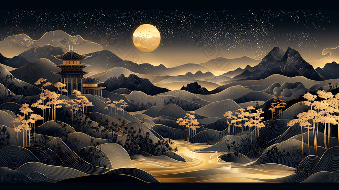 水墨风山水月夜金色图片-包图网企业站