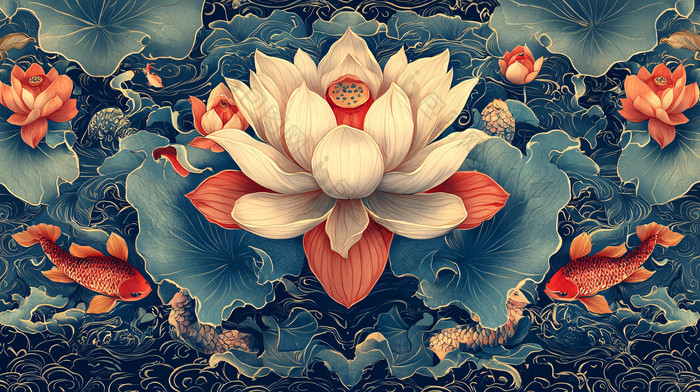 水墨画荷花鲤鱼图图片-包图网企业站