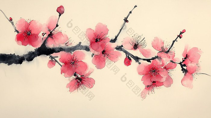 水墨梅花淡彩画图片-包图网企业站