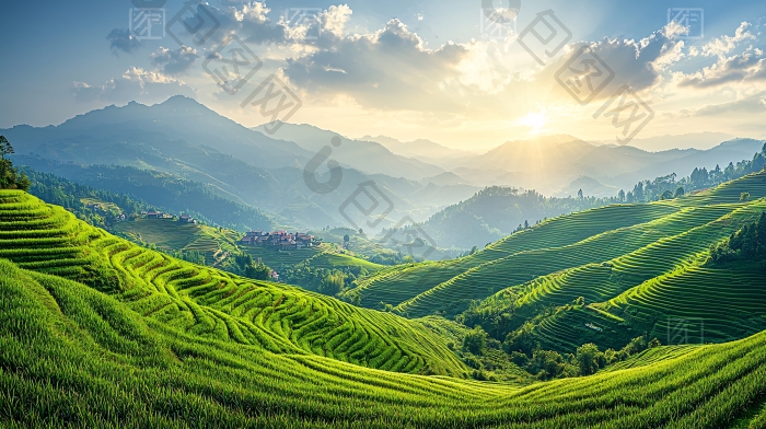 梯田日出中国景色图片-包图网企业站