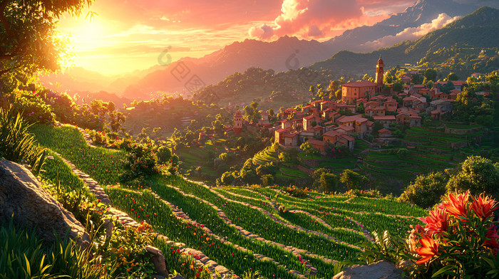 夕阳下的山村梯田素材图片-包图网企业站