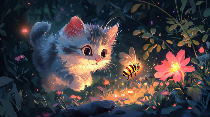 小猫萤火虫花园奇幻图片-包图网企业站