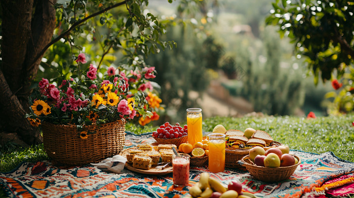 野餐垫上的美食和鲜花图片-包图网企业站